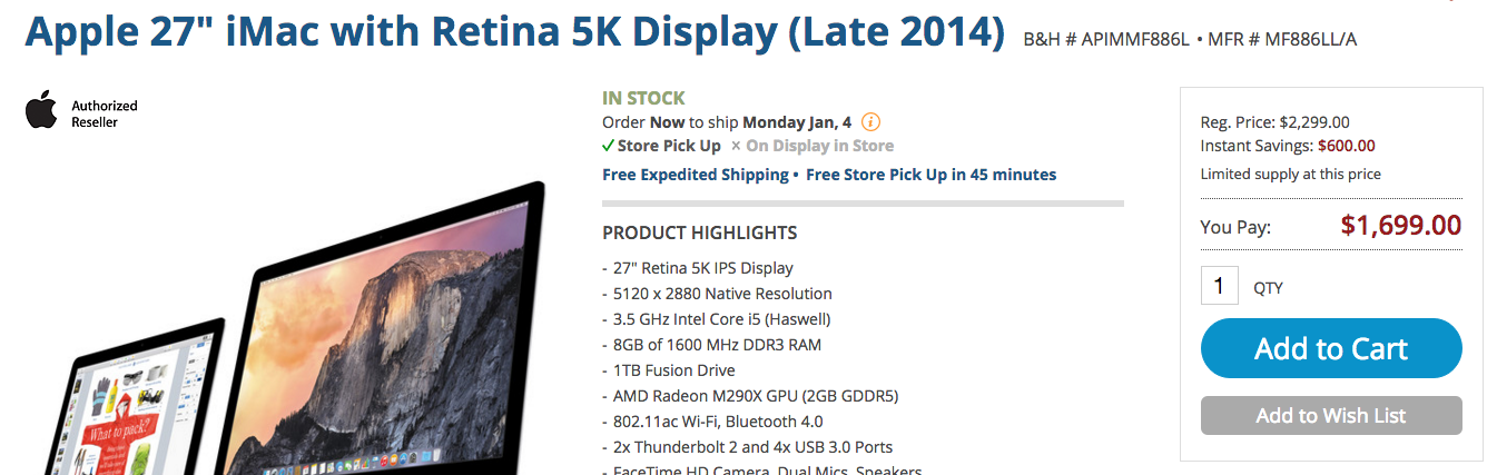 Apple 27-inch Retina 5K iMac (Late 2014) 3.5GHz/8GB/1TB Fusion: $1,699 ...
