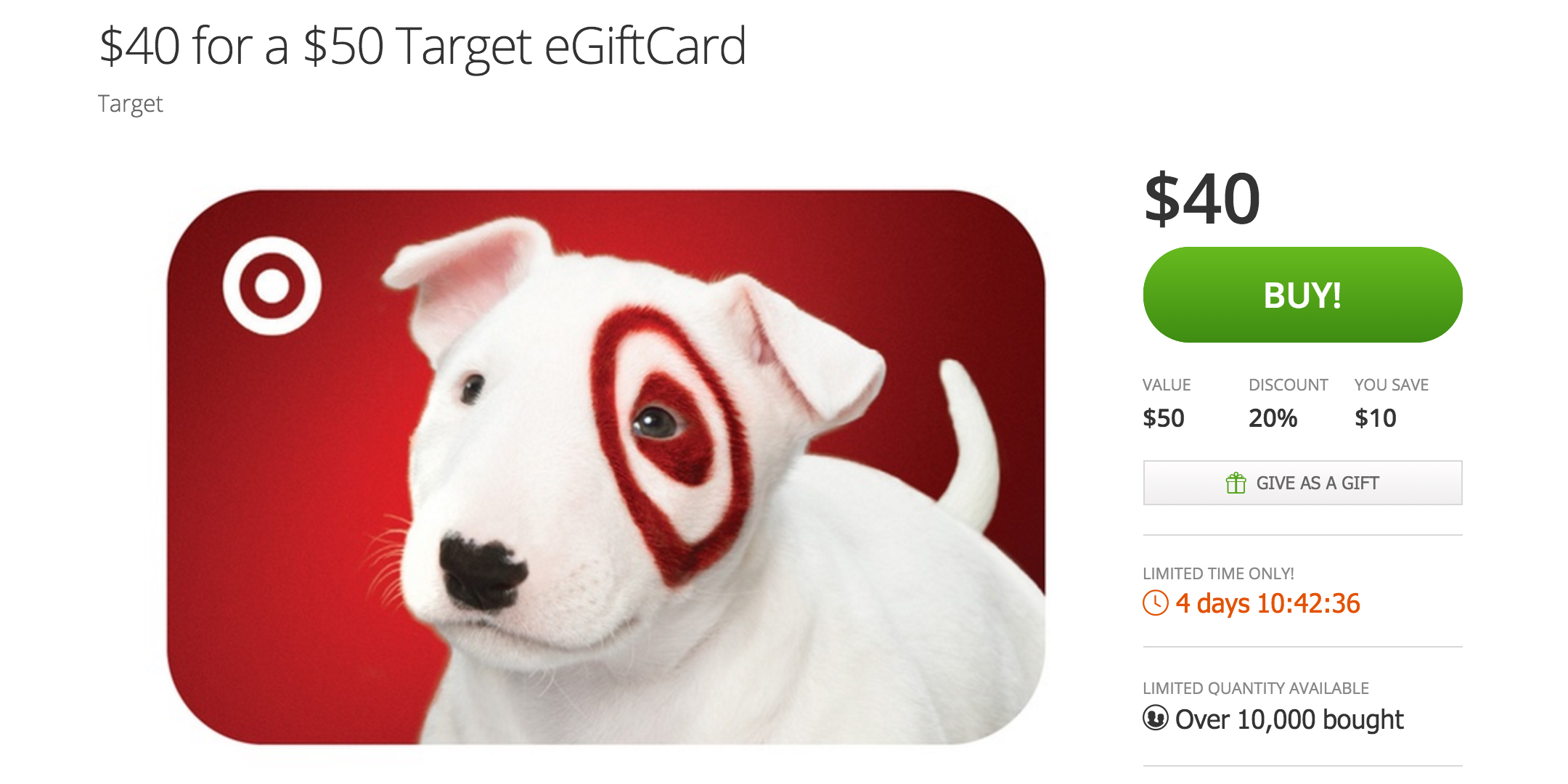 Get a $50 Target eGift Card for $40 with email delivery (20% savings)