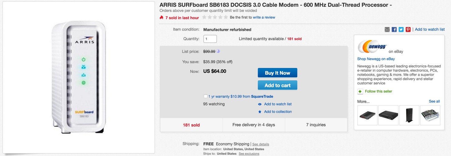 Motorola SURFboard DOCSIS 3.0 SB6183 Cable Modem (Refurb) $64 shipped ...