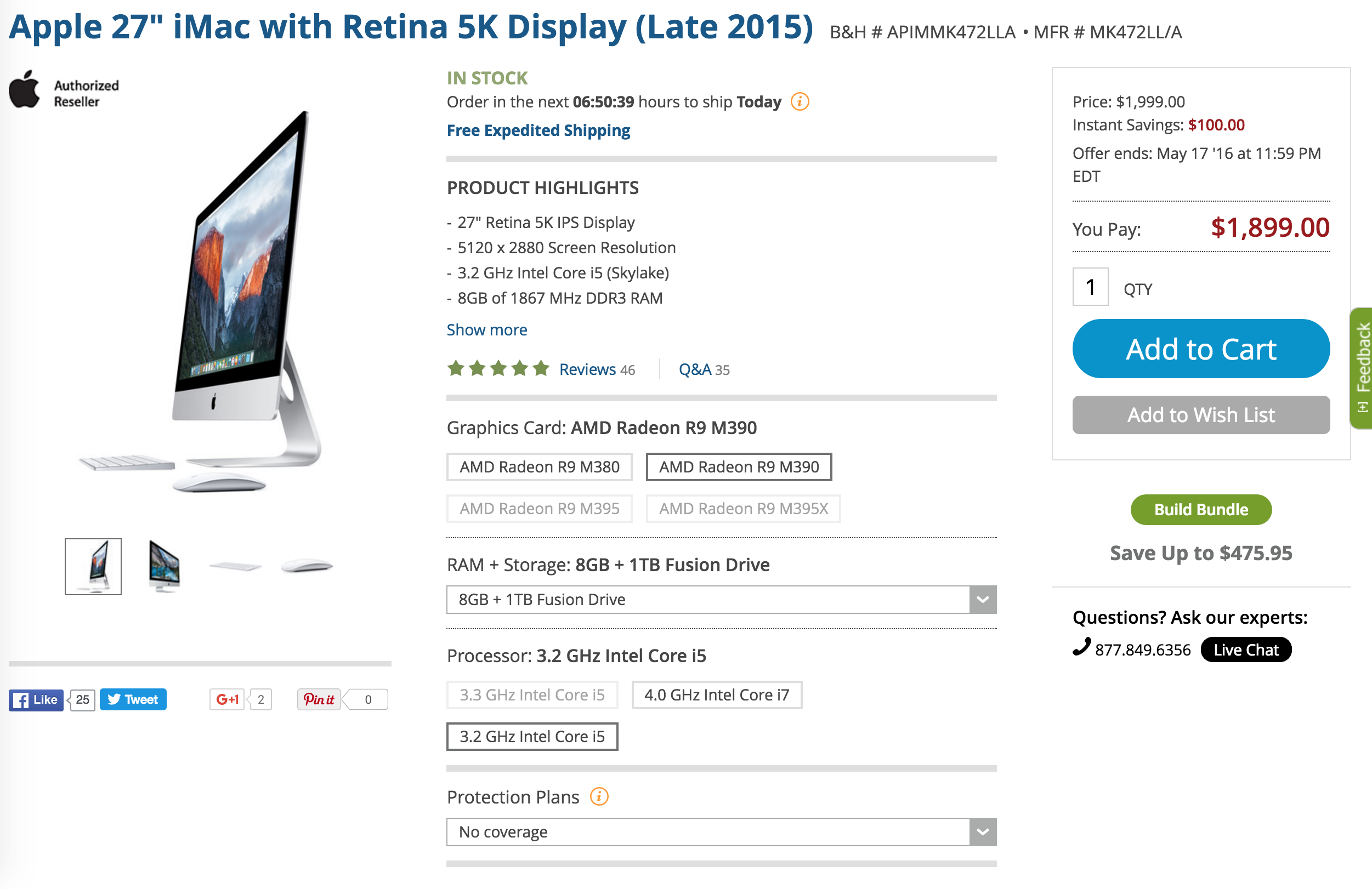 Apple 27-inch Retina 5K iMac 3.2GHz/8GB/1TB Fusion (newest) $1,899 ...