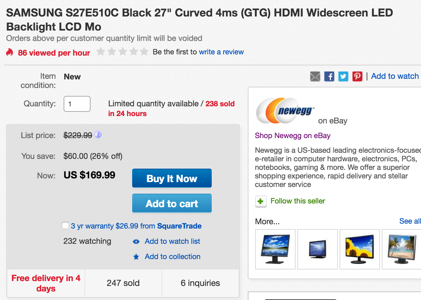 Samsung 27-inch Curved 1080p HD LED Monitor w/ HDMI inputs: $170 ...