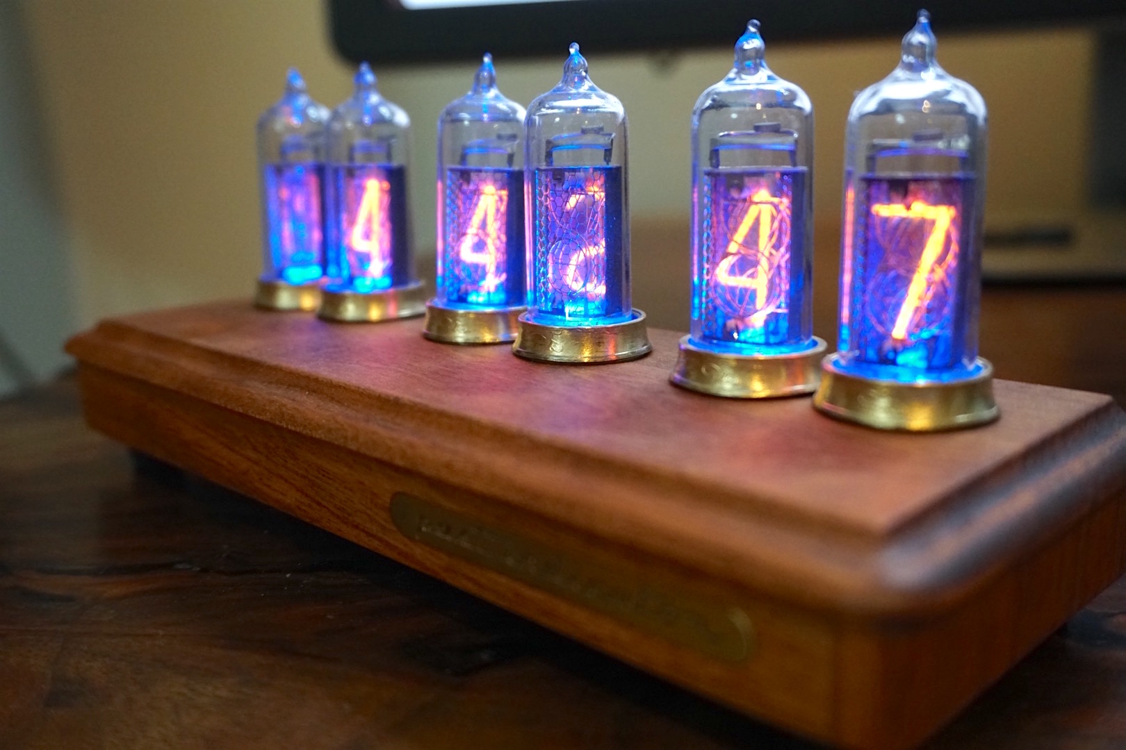 This gorgeous desk clock is made with vintage Soviet Union Nixie tubes