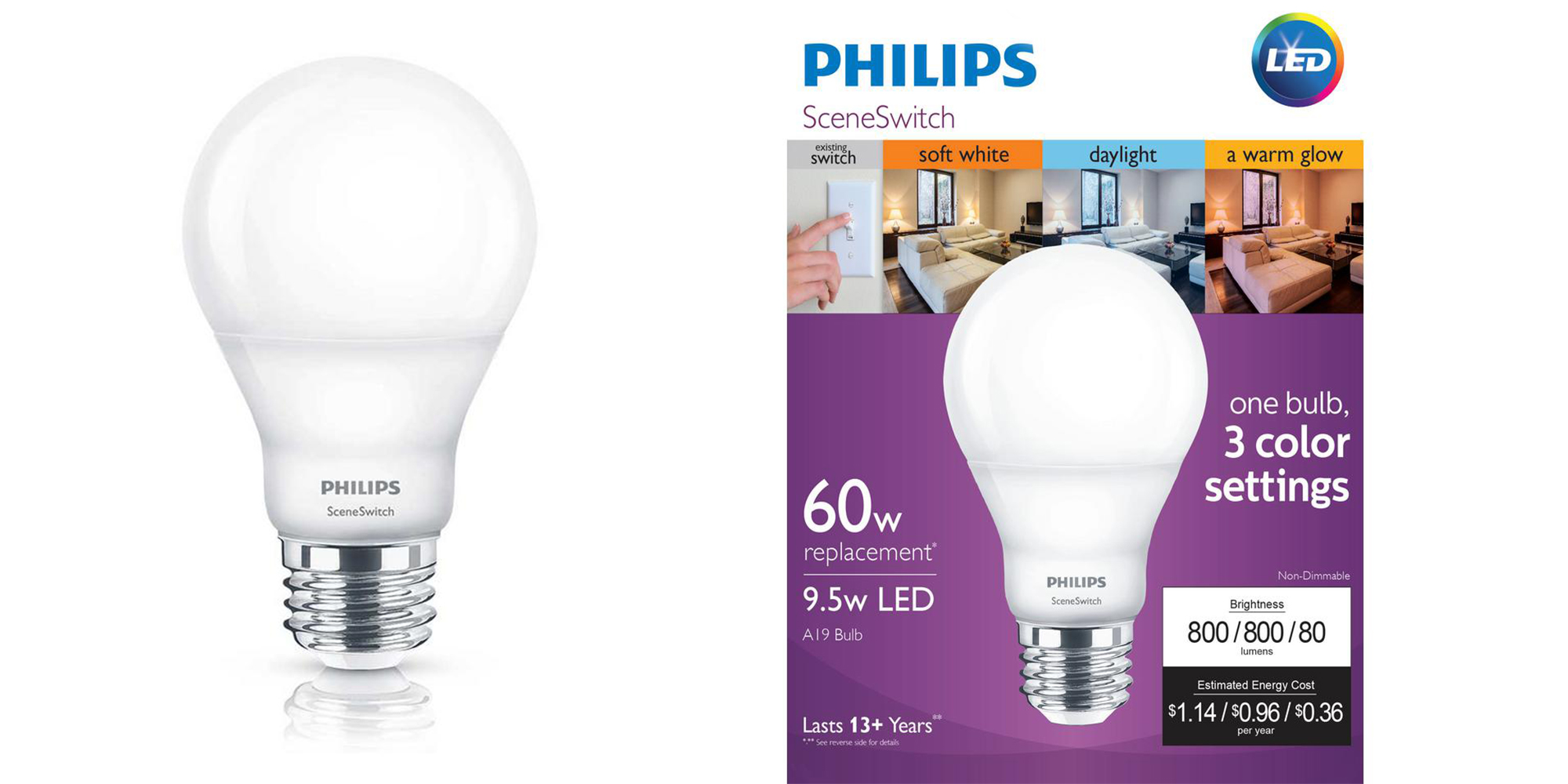 The new Philips SceneSwitch LED bulbs provide three different colors of ...