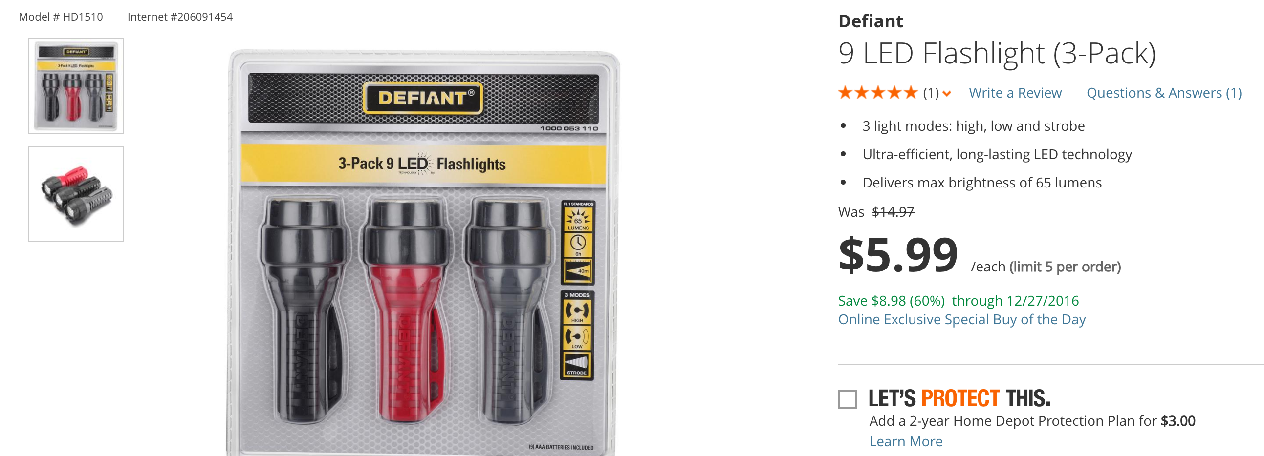 Home Depot has a 3-Pack of Defiant 9 LED Flashlights for $6 and the ...