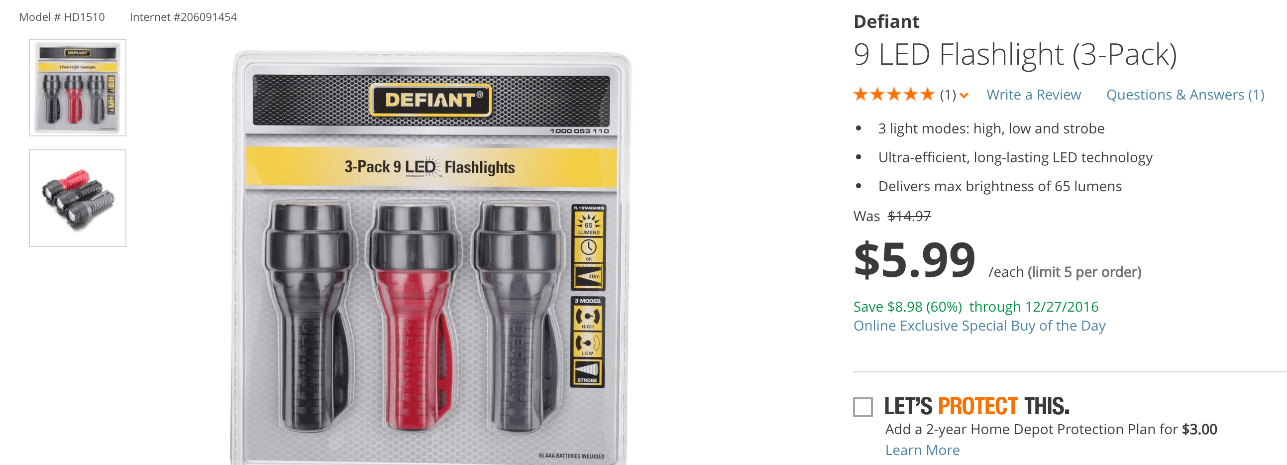 Home Depot has a 3-Pack of Defiant 9 LED Flashlights for $6 and the ...