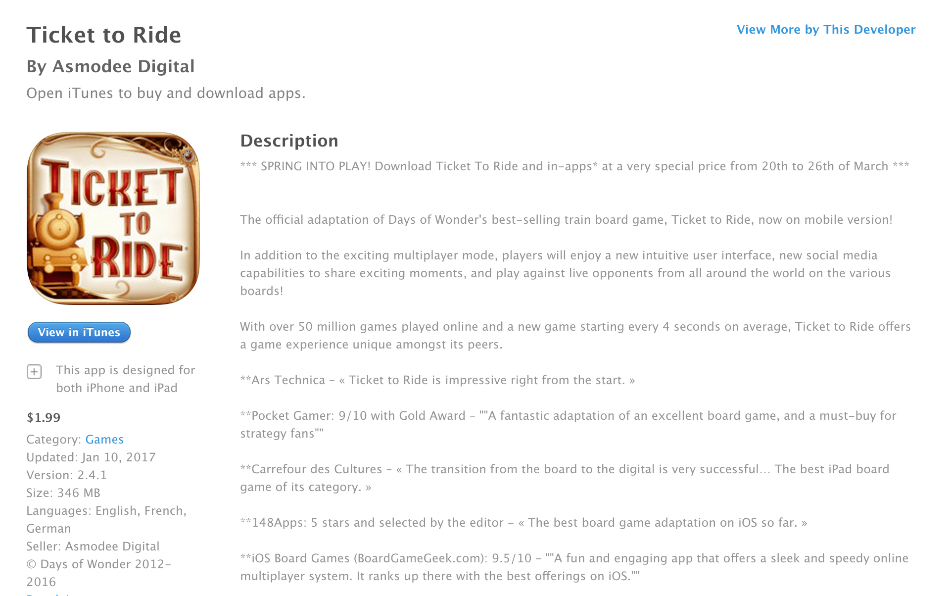 The popular Ticket to Ride is now matching its lowest price on the App ...