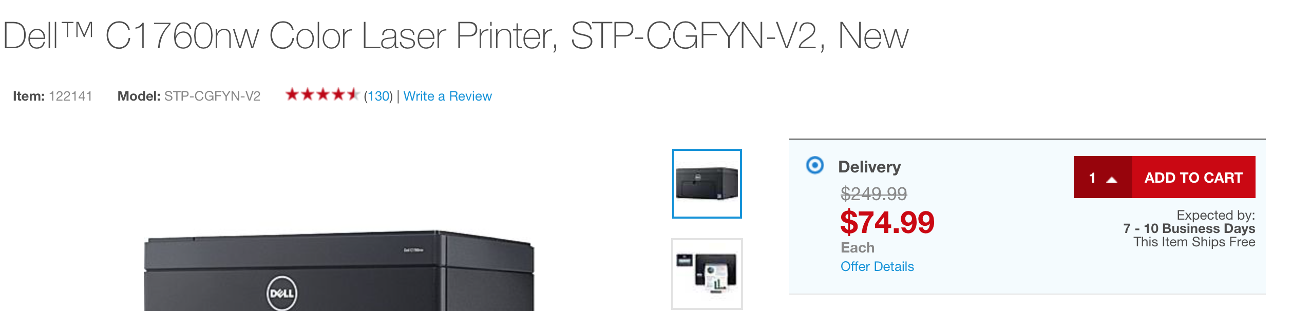 Dell Wireless Color Laser Printer down to $75 at Staples (Reg. $110+)