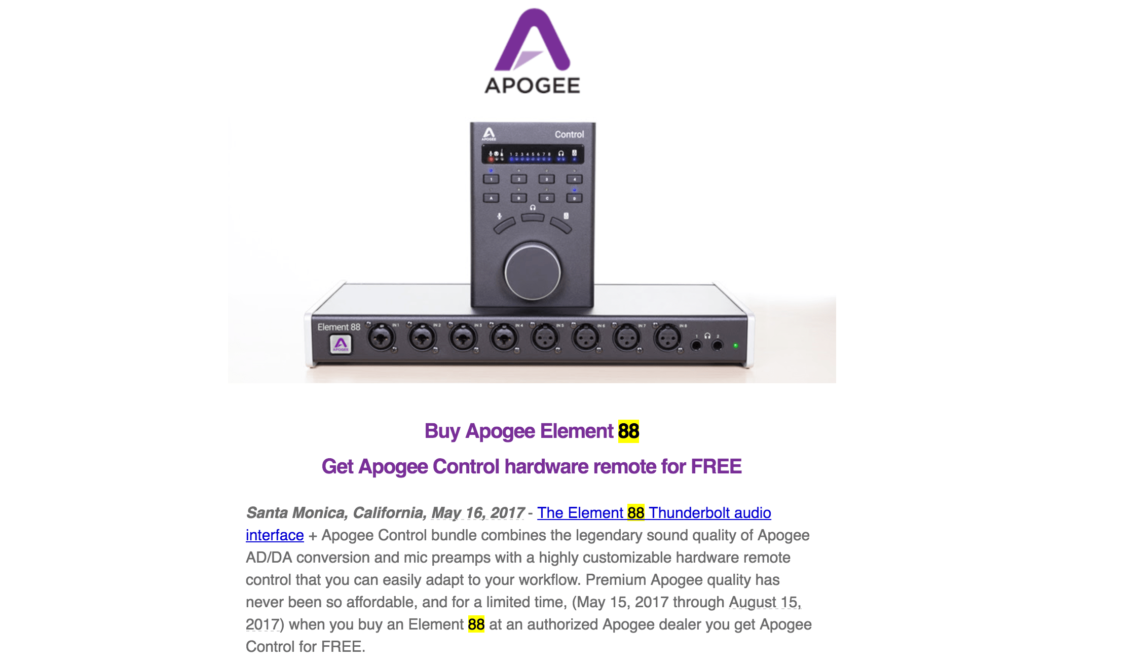 Apogee Control now comes free w/ Element 88 Thunderbolt interfaces