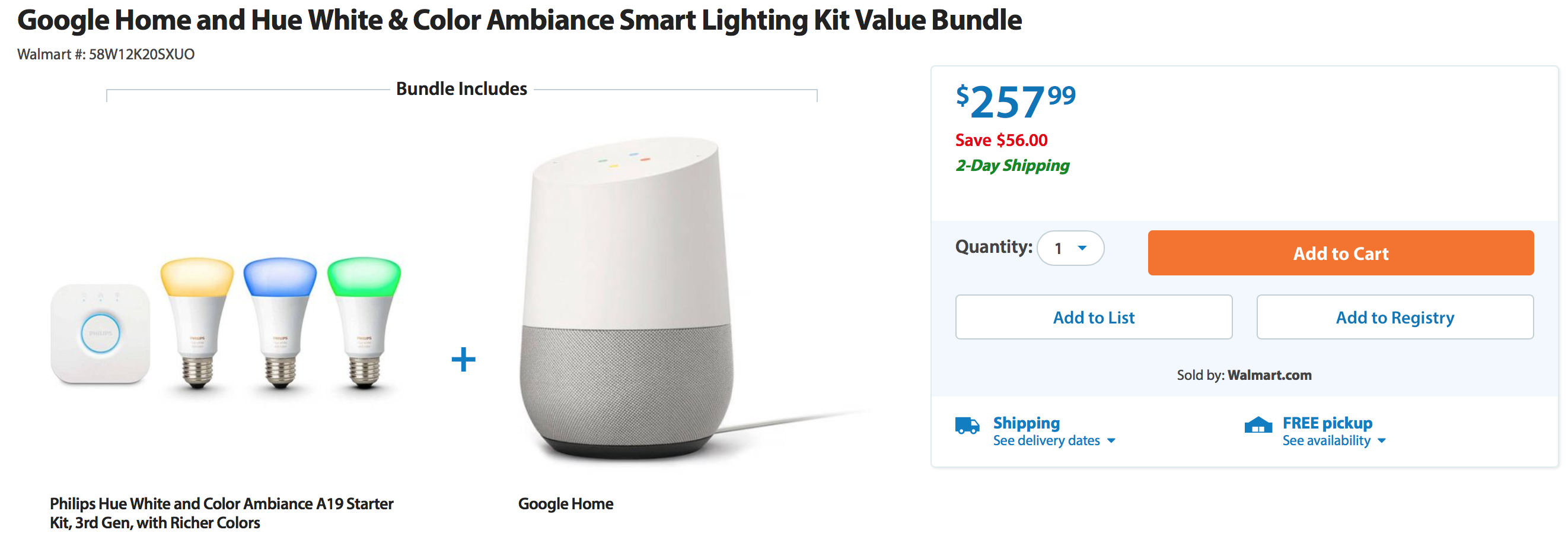 Google Home + Philips Hue White & Color Lighting Kit $258 ($314 value)