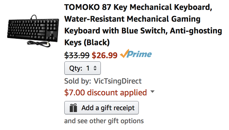 Tomoko 87-Key USB Mechanical Keyboard w/ Blue Switches for $27 shipped