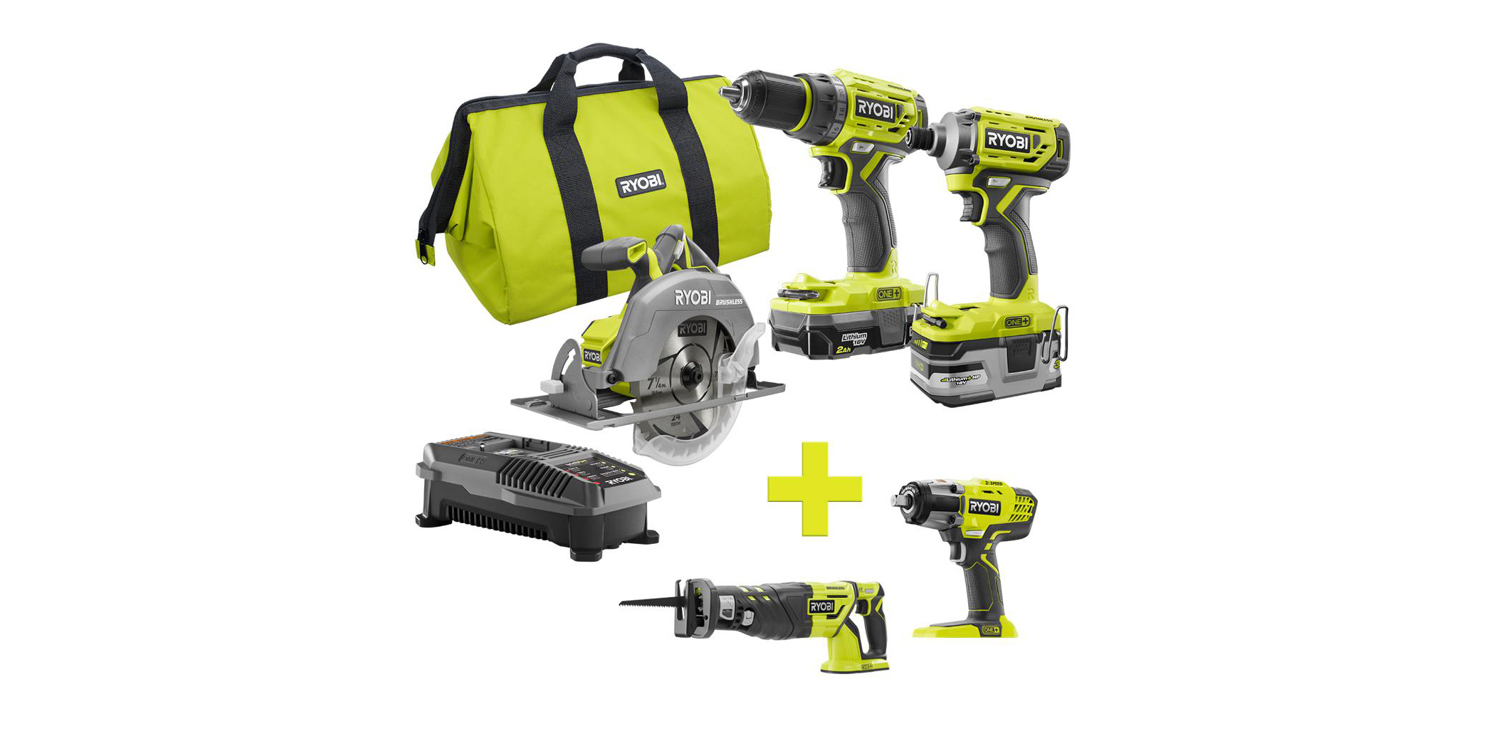 This Ryobi Combo Kit includes three drills, two saws, a battery, more ...