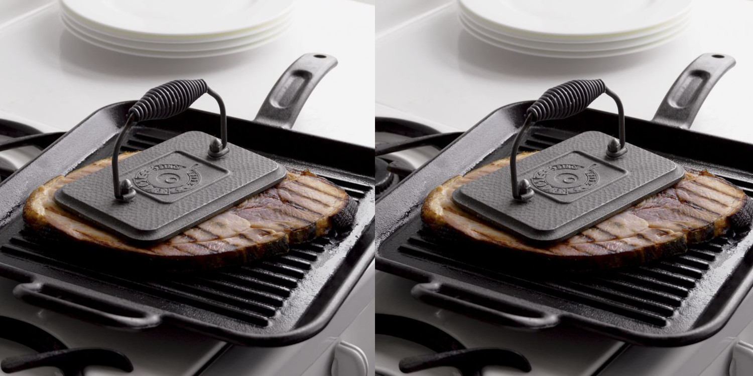 Lodge's Rectangular Cast Iron Grill Press w/ cool-grip handle drops to ...