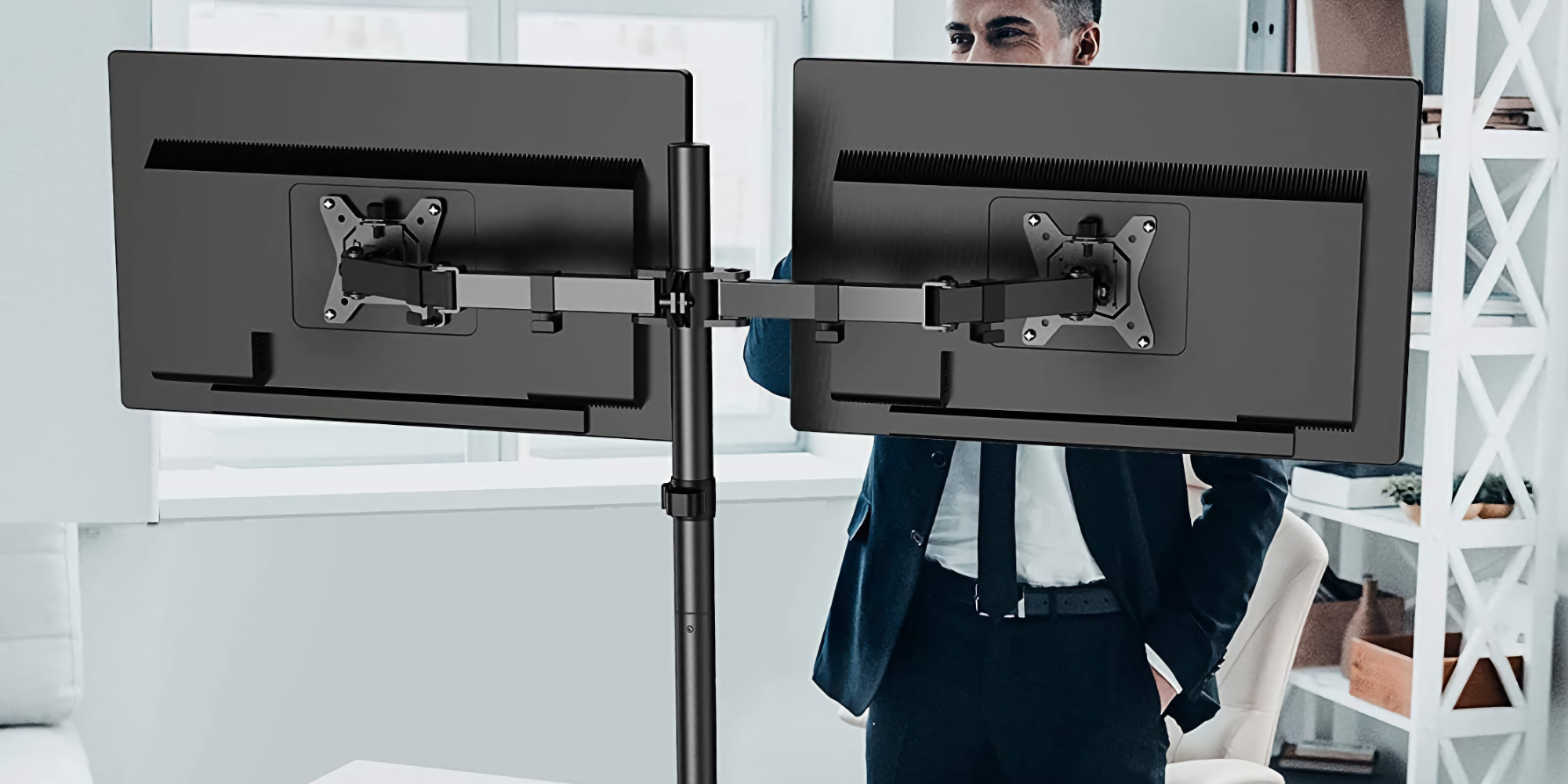 It's hard to beat this standing-height dual monitor mount at $15 Prime ...