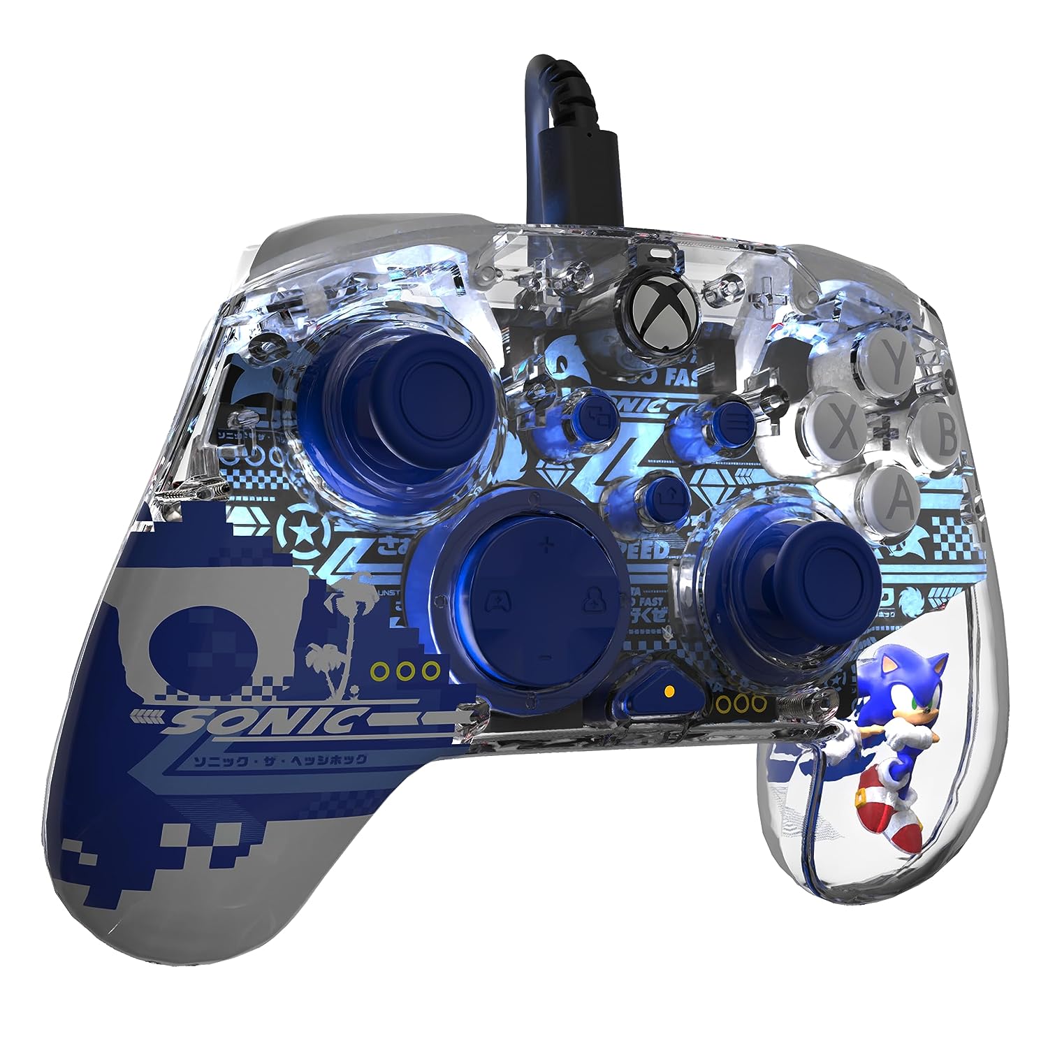 PDP REALMz Switch and Xbox controllers with 3D Sonic figure