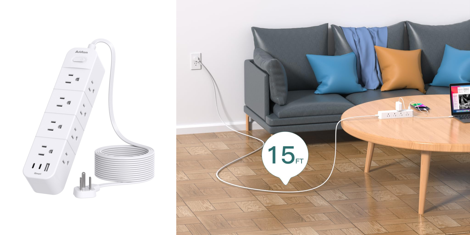 This 15-foot surge protector gets 15 power sources across a room for ...