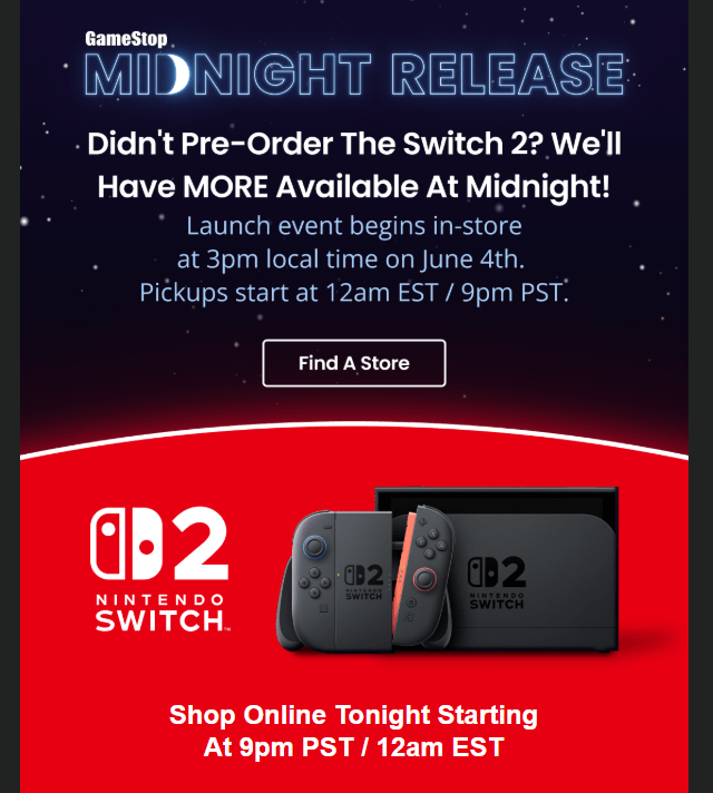 GameStop just officially confirmed Switch 2 will be up for purchase online at midnight