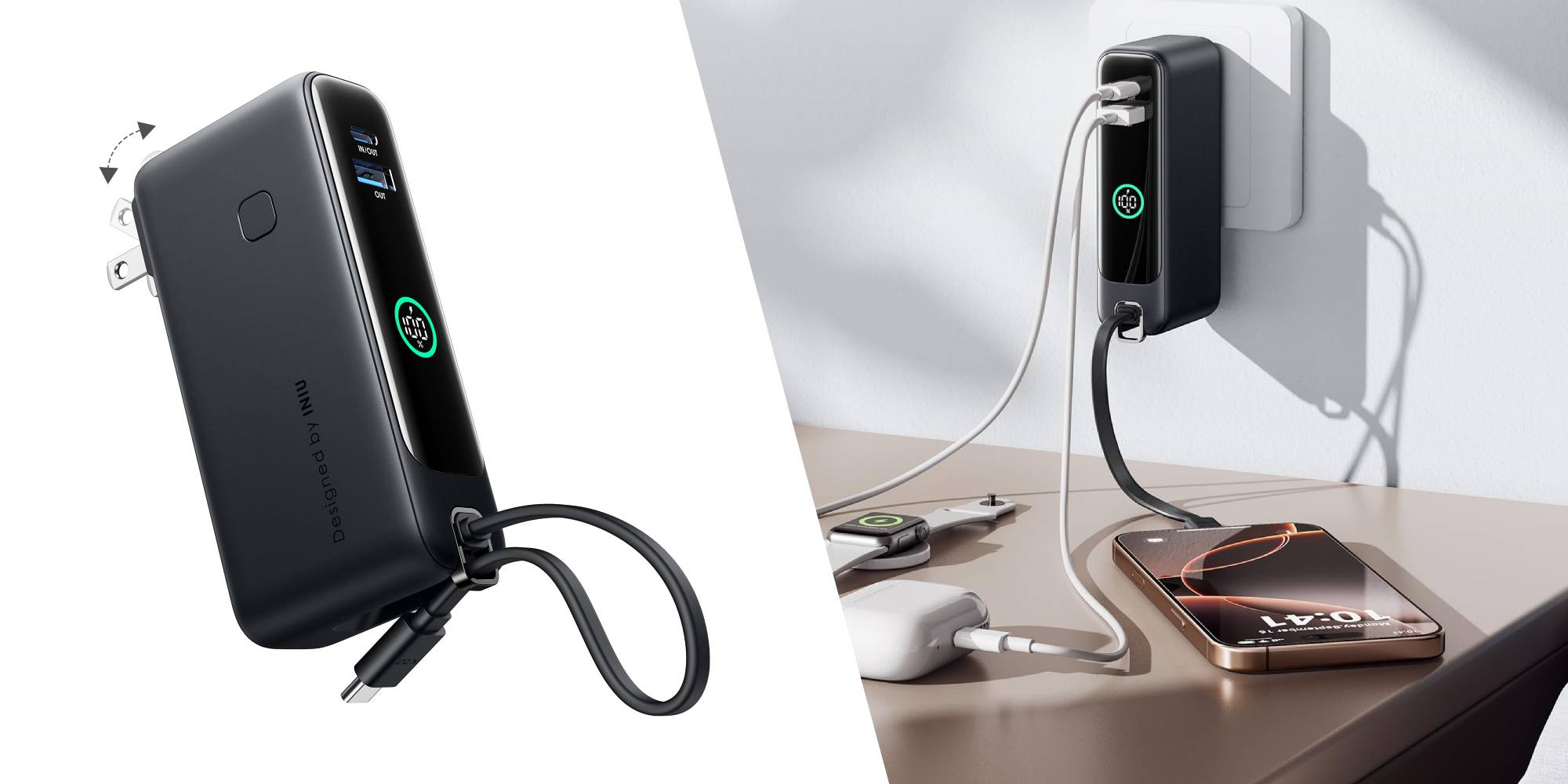 This hybrid 10,000mAh power bank with built-in AC prongs and USB-C ...