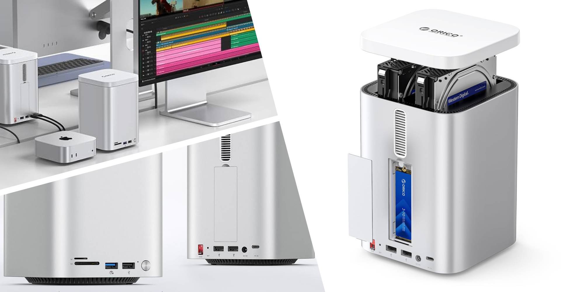 ORICO's aluminum MiniTower RAID Enclosure has 2 bays, an NVMe slot, and ...